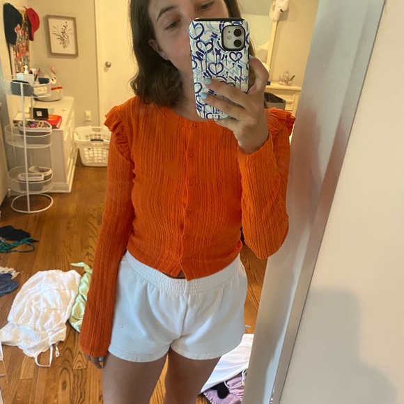 Zara | Tops | Zara Orange Long Sleeved Top With Ruffle Sleeves | Poshmark
